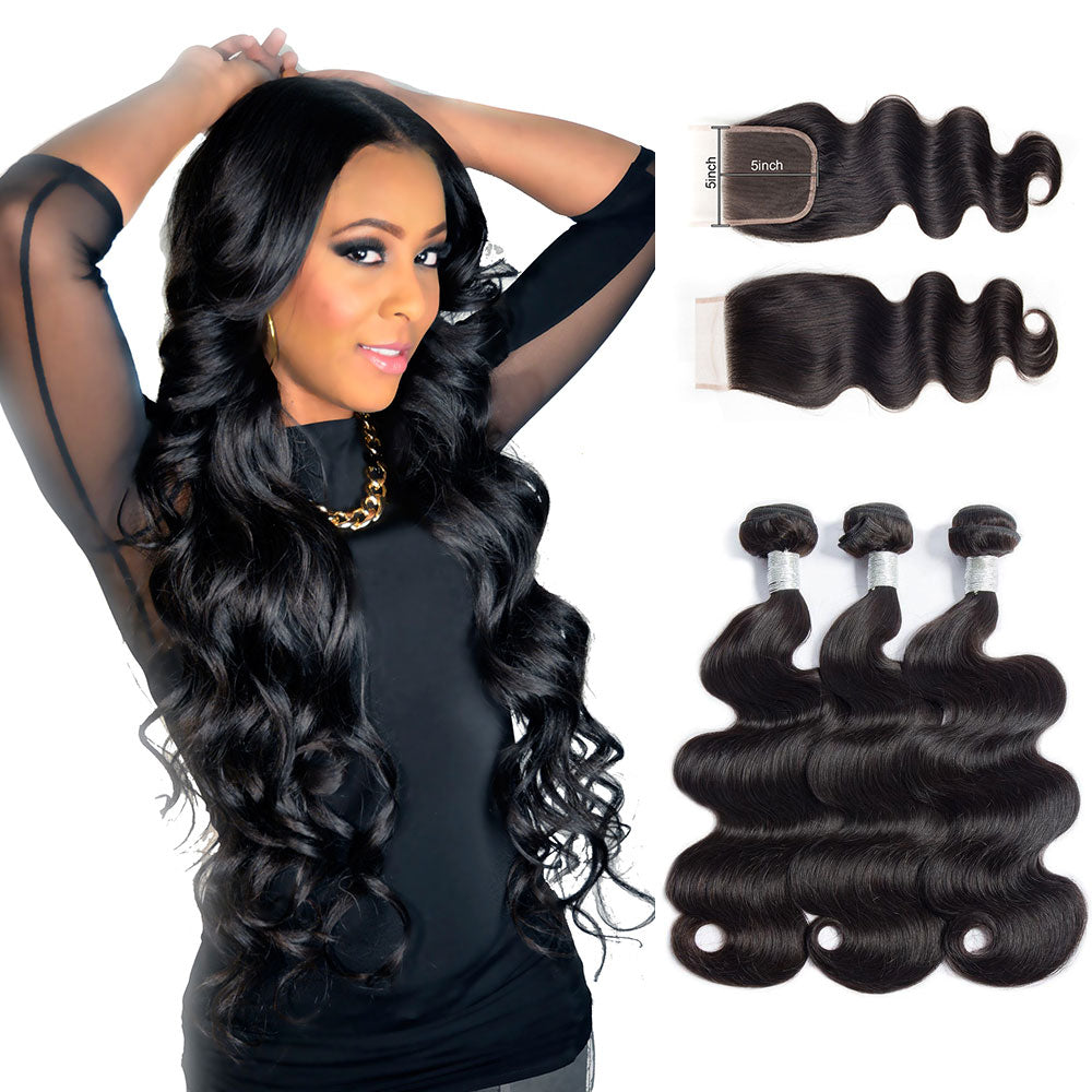 Body Wave 5x5 Closure with 3 Human Hair Weave Bundles 100% Unprocessed ...