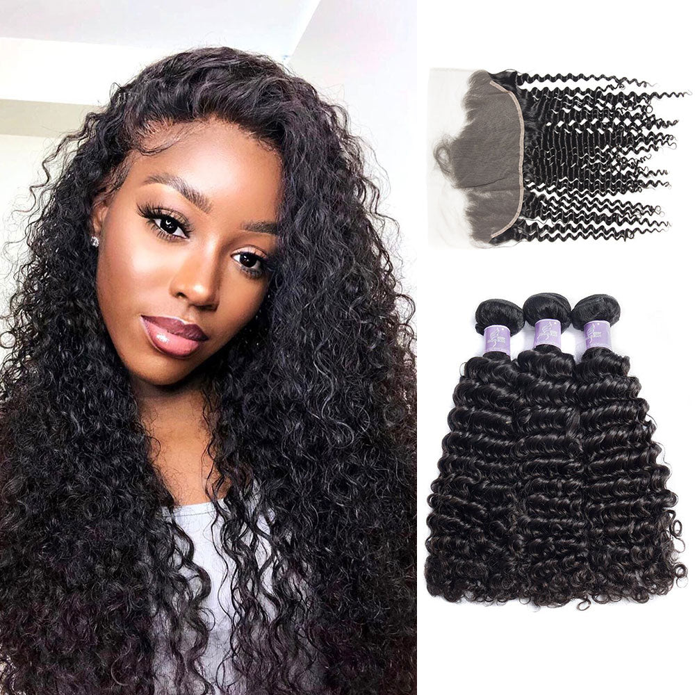 13x6 Frontal with 3 Human Hair Weave Bundles Deep Curly 100% Unprocess ...