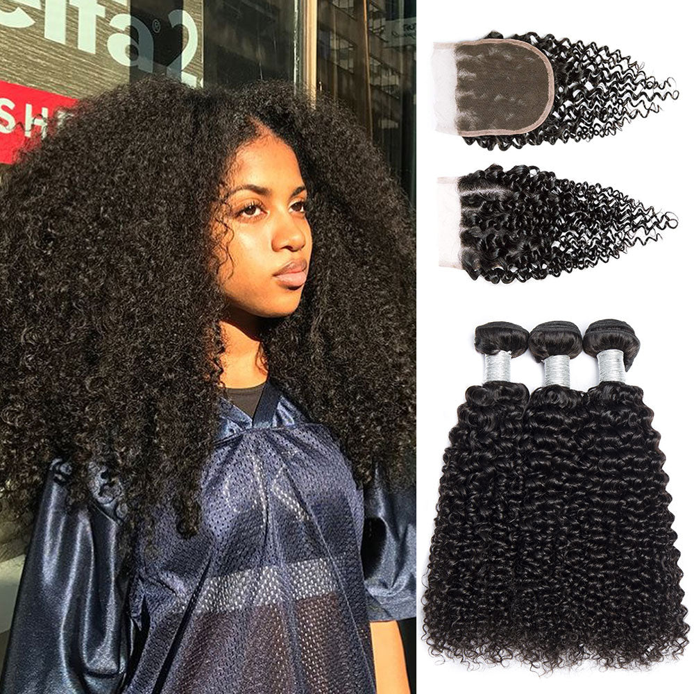 Kinky Curly 5x5 Closure with 3 Human Hair Weave Bundles 100% Unprocess ...