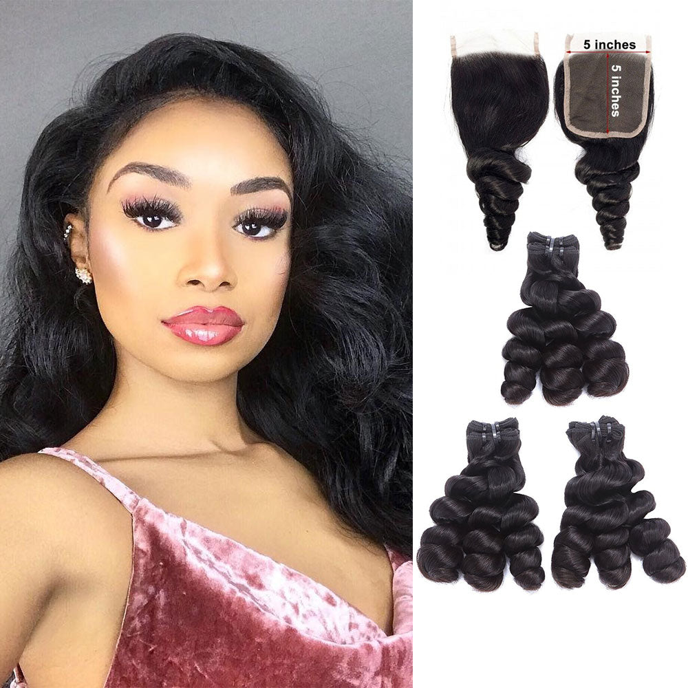 Loose Wave 5x5 Closure with 3 Human Hair Weave Bundles 100% Unprocesse ...