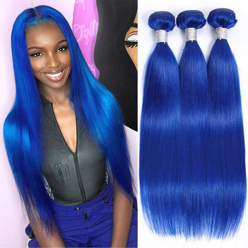 Blue Human Hair Bundles Brazilian Straight Human Hair Weave 3 Bundles ...