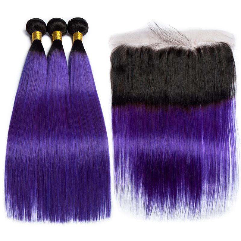 Ombre Dark Purple 3 Human Hair Weave Bundles and Frontal with Black Ro ...