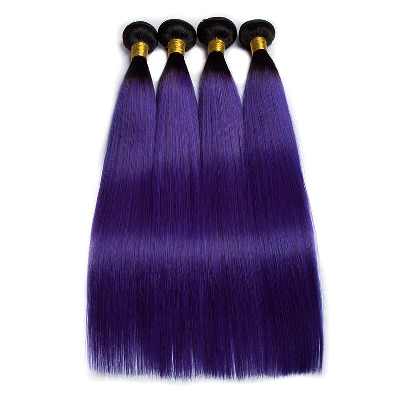 Black Roots Purple Hair Straight Brazilian Human Hair Weave 4 Bundles ...