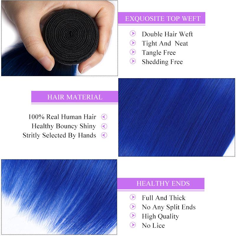 Blue Human Hair Bundles Brazilian Straight Human Hair Weave 3 Bundles ...